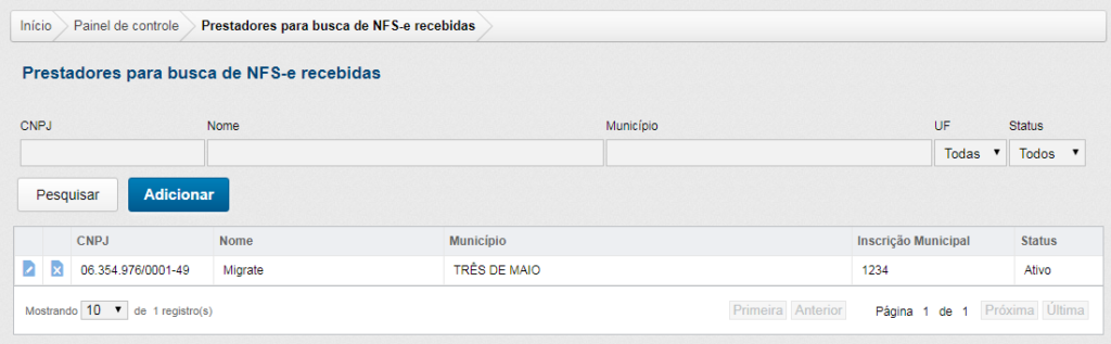 Cadastro de prestadores para consulta de NFS-e de entrada - Invoicy for Dev